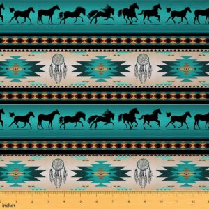 horse upholstery fabric, dream catchers fabric by the yard for cowboy cowgirl, southwestern native aztec horses decorative fabric, bohemian tribe farmhouse wildlife animal fabric, green, 1 yard