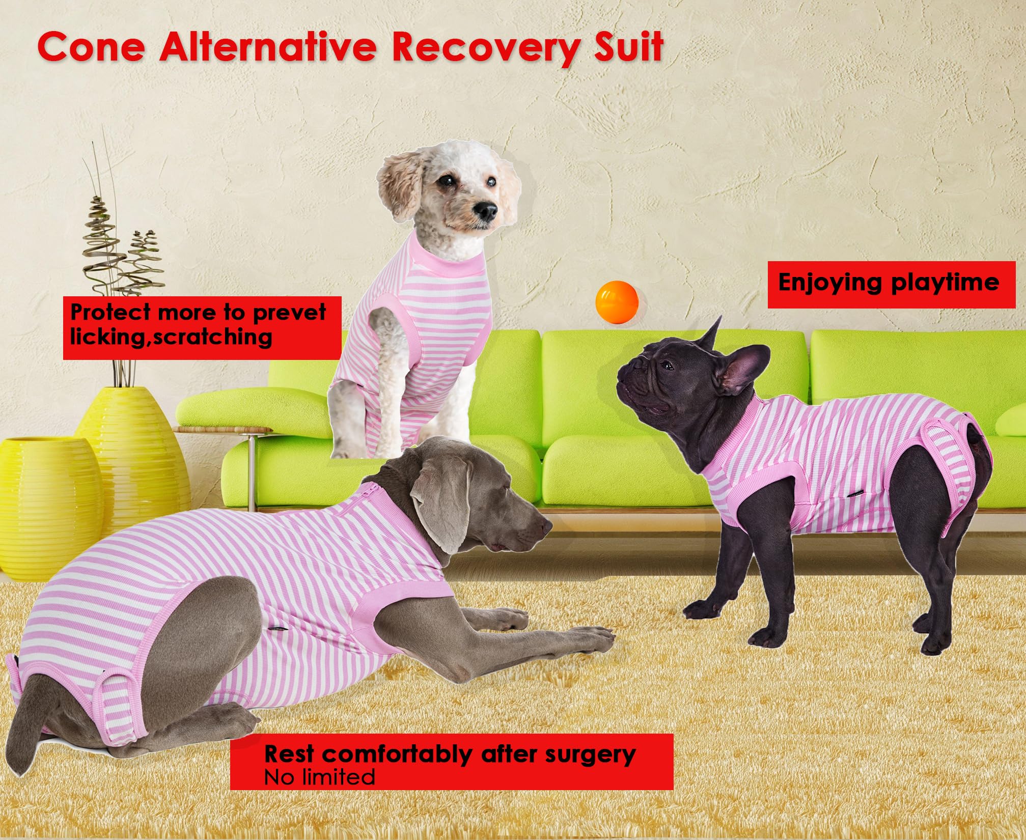 Wabdhally Dog Surgery Recovery Spay Suit,Surgical Suit for Medium Female Dogs,Soft Combed Cotton,Striped Pink Zipper Onesie M