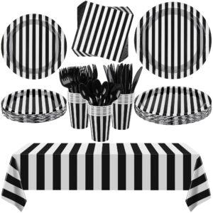 durony 113 pieces black and white striped party supplies table decorations includes paper napkins cups plates knives forks spoons tablecloth disposable tableware set for birthday graduation wedding