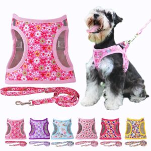 moonpet step in air dog harness leash set- all weather reflective no-pull floral pattern padded mesh vest harness for cats puppy extra-small small medium large dogs - pink flower - xxs