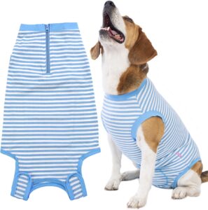 wabdhally dog surgery recovery suit,surgical suit for large female spay,soft combed cotton,blue striped zipper onesie xl