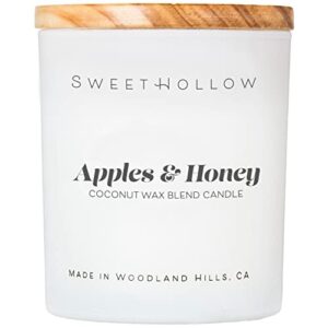 sweethollow apples and honey luxury candle in white jar with wood lid, rosh hashana and jewish holiday gift, highly scented & long lasting coconut wax, fall and winter fragrance for home, large