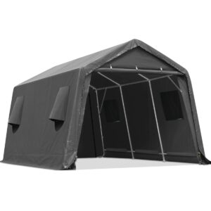 advance outdoor 10x15 ft garage shelter steel metal peak roof anti-snow portable storage shed carport for motorcycle boat, or garden tools with 2 roll up doors & vents, gray