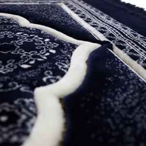 Modefa Turkish Islamic Prayer Rug - Soft Velvet Janamaz Praying Carpet - Comfortable Muslim Praying Mat for Men & Women - Ramadan or Eid Gift - with Kufi Prayer Cap - Elegant Swirl (Dark Blue)