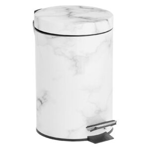 mdesign extra small modern 3-liter/.7 gallon round metal lidded step trash can, compact garbage bin with removable liner bucket and handle for bathroom, kitchen, office, garage - white marble print