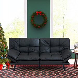 vyfipt futon bed/couch,black faux leather memory foam small splitback convert backrests&armrests,easy to clean sofas, 71x33x31.5in