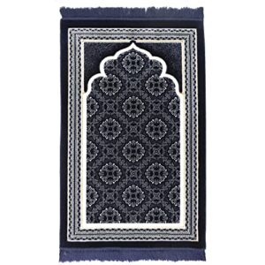 Modefa Turkish Islamic Prayer Rug - Soft Velvet Janamaz Praying Carpet - Comfortable Muslim Praying Mat for Men & Women - Ramadan or Eid Gift - with Kufi Prayer Cap - Elegant Swirl (Dark Blue)