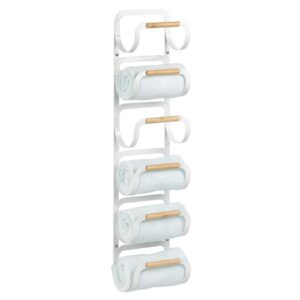 mdesign wall mount towel storage rack for bathroom - 6-tier hanging organizer mounted holder shelf for multiple bath towels or robes - steel metal and wood - yami collection - matte white/natural