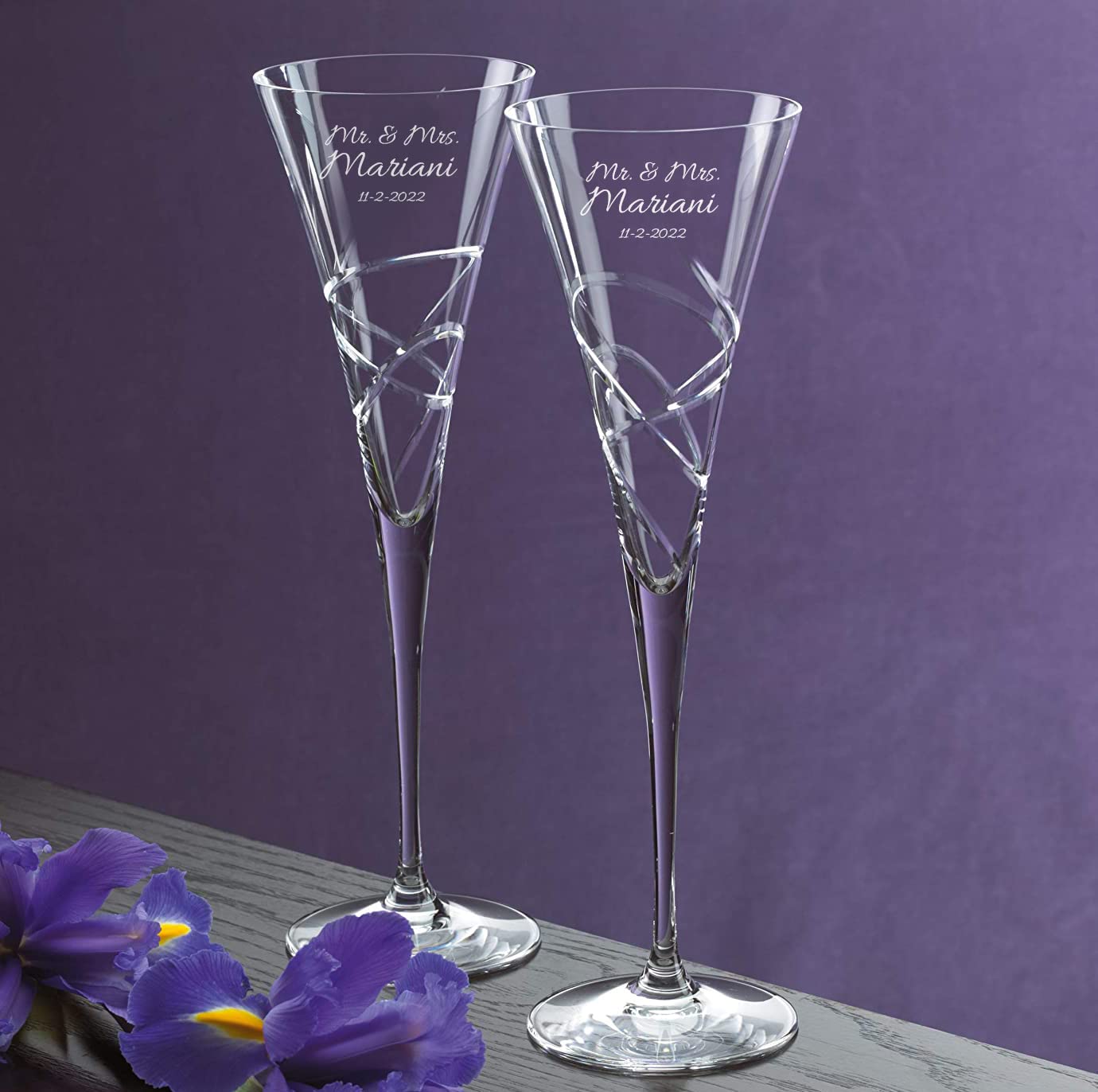 Lenox Bridal Personalized Adorn Wedding Champagne Flutes, Set of 2 Custom Engraved Crystal Champagne Toasting Glasses for Bride and Groom, Wedding, Anniversary, and More, 835161