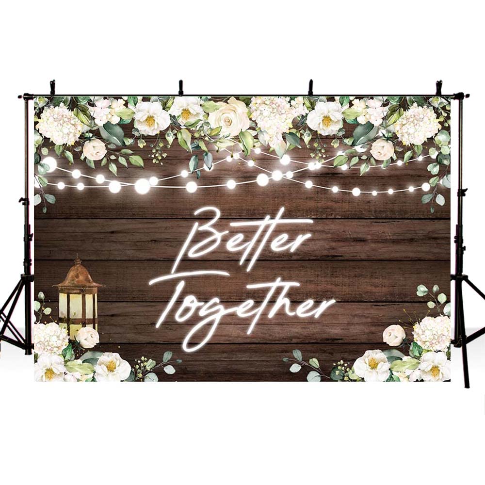 AIBIIN 8x6ft Better Together Backdrop for Wedding Rustic Wooden Photography Background White Flowers Wedding Bridal Shower Party Decorations Banner Photo Booth Props