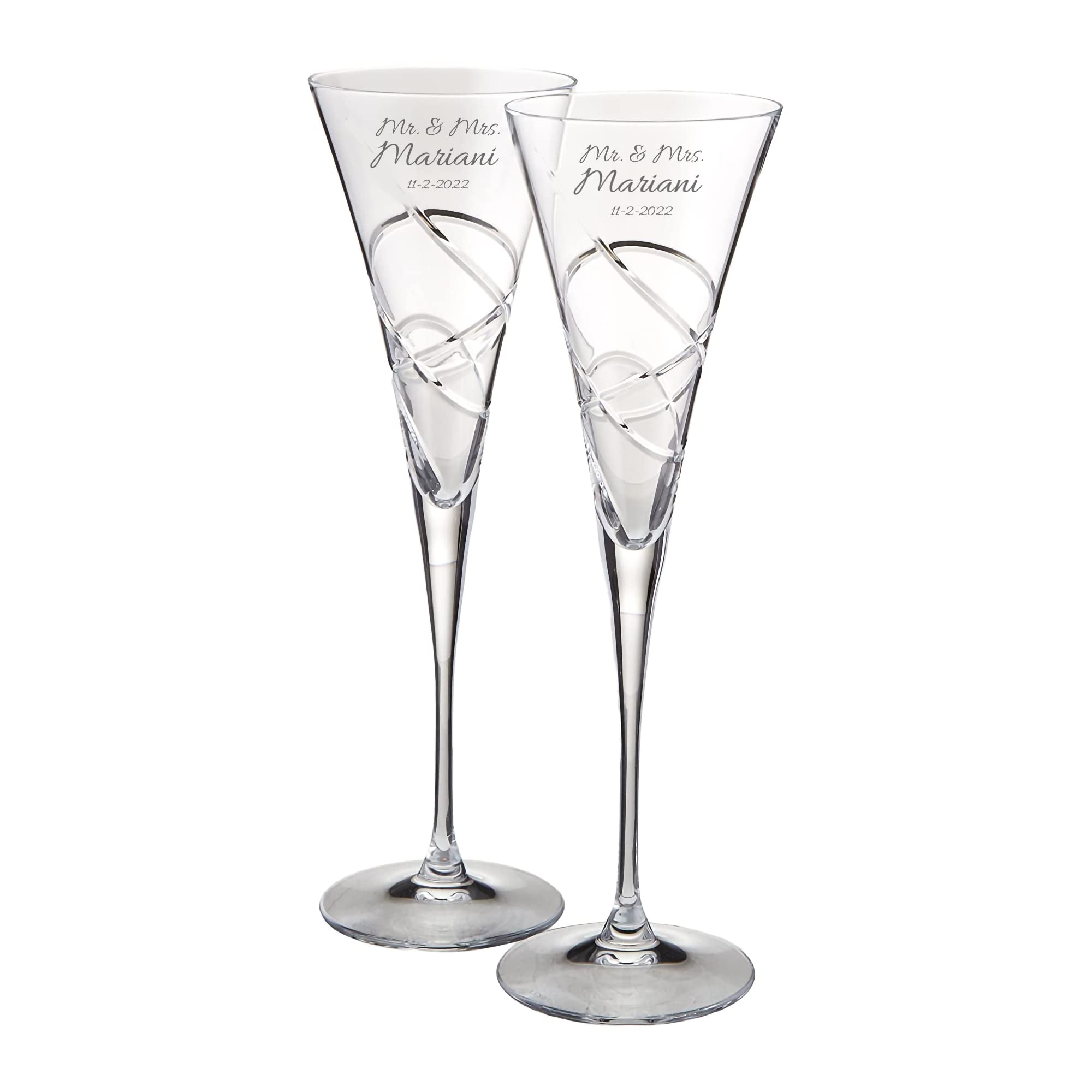 Lenox Bridal Personalized Adorn Wedding Champagne Flutes, Set of 2 Custom Engraved Crystal Champagne Toasting Glasses for Bride and Groom, Wedding, Anniversary, and More, 835161