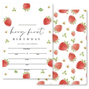 grace yonks berry first birthday invitation, 20 invitations and envelopes, strawberry birthday party invitations, birthday party supplies.(050)