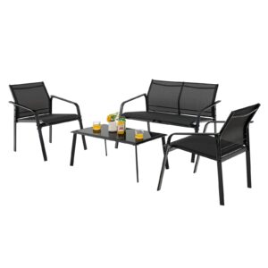 tangkula 4 pieces patio furniture set, outdoor conversation set with tempered glass coffee table, outdoor bistro set with fabric and anti-rust steel frame for garden, poolside and backyard (black)