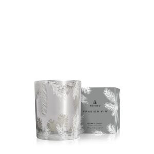 thymes frasier fir candle – pine needle design – holiday candles – scented candle – notes of crisp siberian fir, cedarwood & sandalwood – luxury home fragrance – silver candle jar (statement, 6.5 oz)