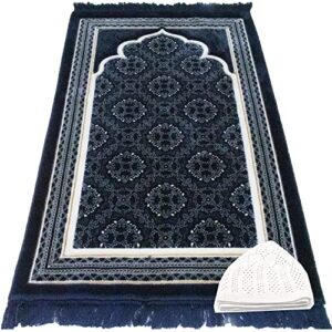 modefa turkish islamic prayer rug - soft velvet janamaz praying carpet - comfortable muslim praying mat for men & women - ramadan or eid gift - with kufi prayer cap - elegant swirl (dark blue)