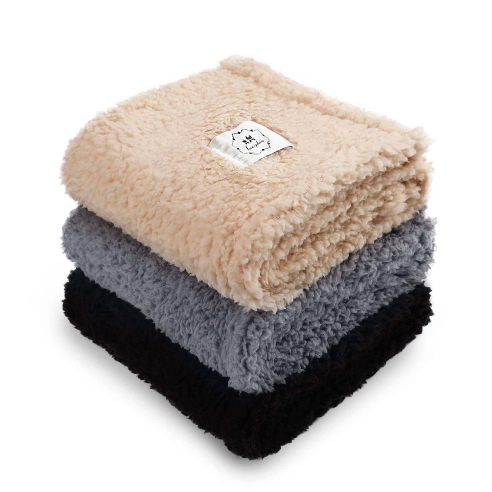 1 Pack 3 Calming Blankets Fluffy Premium Fleece Pet Blanket Soft Sherpa Throw for Dog Puppy Cat Beige/Black/Grey Small (23" x16'')