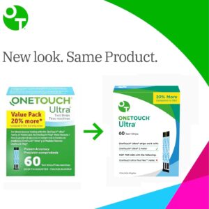 OneTouch Ultra Test Strips for Diabetes - 120 Count Diabetic Test Strips | Blood Sugar Test Strips for Blood Glucose Monitor Kit (2 Boxes, 60 Diabetes Test Strips Each)