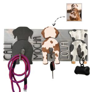 personalized dog leash holder for wall custom name, wooden dog butt leash hook, decorative key rack hooks hanger for entryway, hallway, farmhouse dog items storage organizer (3 dog)