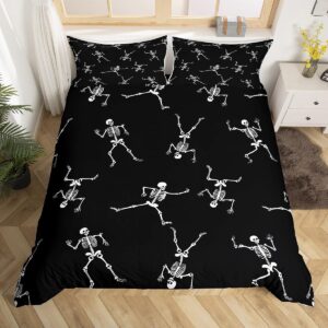 erosebridal sugar skull bedding set funny skeleton halloween decorations,cartoon gothic spooky bone duvet cover king size,black and white comforter cover horror sci-fi halloween decor