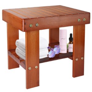 bamboo shower bench spa stool 14 inch waterproof shower benches for inside shower with storage shelf, small wooden seat stool for kids, bathroom, bedroom kitchen mudroom foyer entryway shoe bench