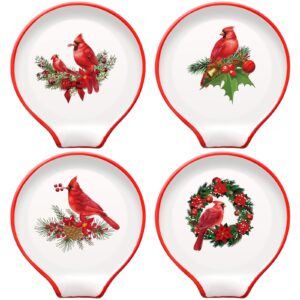 4 pcs cardinal christmas spoon rest set cardinal kitchen decor red ceramic spoon rest for stove top, winter cardinals birds spoon rest xmas gift for cooking utensil holder kitchen counter decor