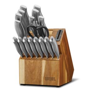 chicago cutlery insignia steel (18-pc) kitchen knife block set & built-in sharpener, contoured ergonomic handles and sharp stainless steel professional chef knife set & scissors with bottle opener