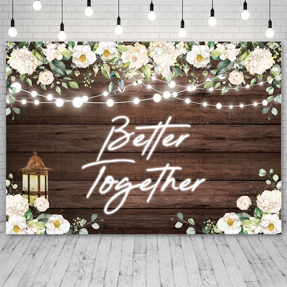 AIBIIN 8x6ft Better Together Backdrop for Wedding Rustic Wooden Photography Background White Flowers Wedding Bridal Shower Party Decorations Banner Photo Booth Props