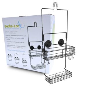 gecko-loc extra long wide adjustable length over the showerhead hanging shower caddy organizer - for shampoo, soap, & razors - black