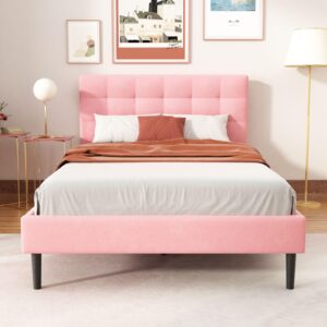 unizone full size bed frame with button tufted upholstered headboard, velvet platform bed with wood slats support, mattress foundation, no box spring needed, easy assembly, pink