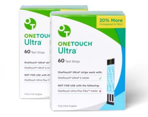 onetouch ultra test strips for diabetes - 120 count diabetic test strips | blood sugar test strips for blood glucose monitor kit (2 boxes, 60 diabetes test strips each)