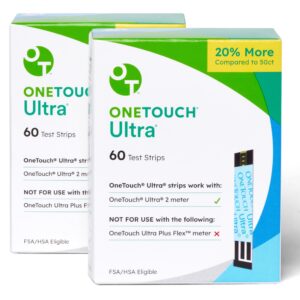 OneTouch Ultra Test Strips for Diabetes - 120 Count Diabetic Test Strips | Blood Sugar Test Strips for Blood Glucose Monitor Kit (2 Boxes, 60 Diabetes Test Strips Each)