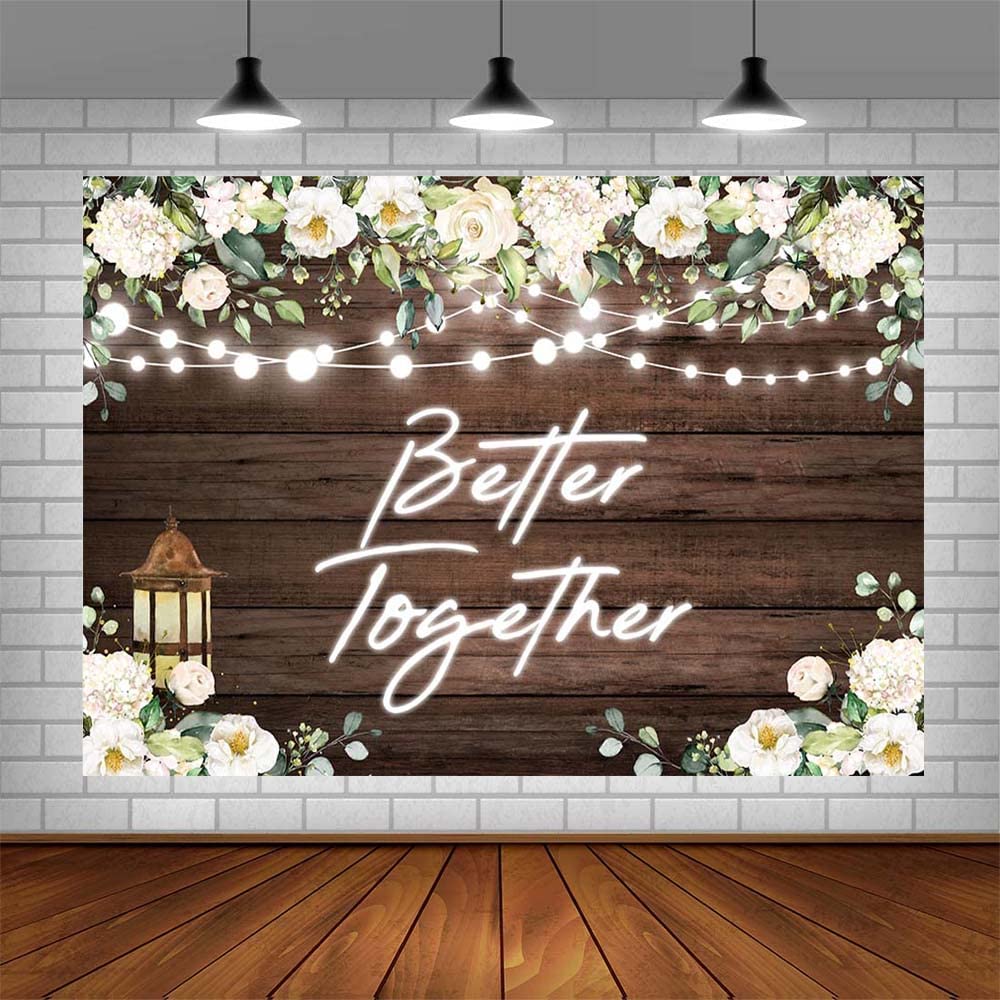 AIBIIN 8x6ft Better Together Backdrop for Wedding Rustic Wooden Photography Background White Flowers Wedding Bridal Shower Party Decorations Banner Photo Booth Props