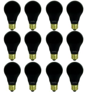 sunlite 41744 incandescent a19 black light bulb, 75 watts, e26 medium base, dimmable, party decoration lamp, holiday lighting, household lighting, mercury free, black, 12 count