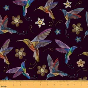 hummingbird fabric by the yard, floral upholstery fabric, wild bird decorative fabric, animal botanical flower indoor outdoor fabric, waterproof fabric for quilting sewing, blue purple, 1 yard