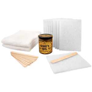 odie's oil starter kit oil 9 ounce jar •10 non-woven white applicator pads •2 terry cloth buffing towels and 10 wooden stirring sticks