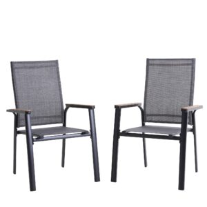 mfstudio outdoor patio dining chairs, 2 pcs aluminum patio dining sling chair, patio chairs with wood-like armrest & wider seat for deck backyard garden, grey