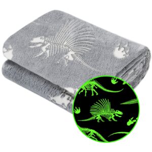 glow in the dark blanket dinosaur throw blanket for boys kids soft warm cozy cute dino blanket unique dinosaur toys gifts gray glowing dinosaur room decor blankets for girls teens 50"x60"