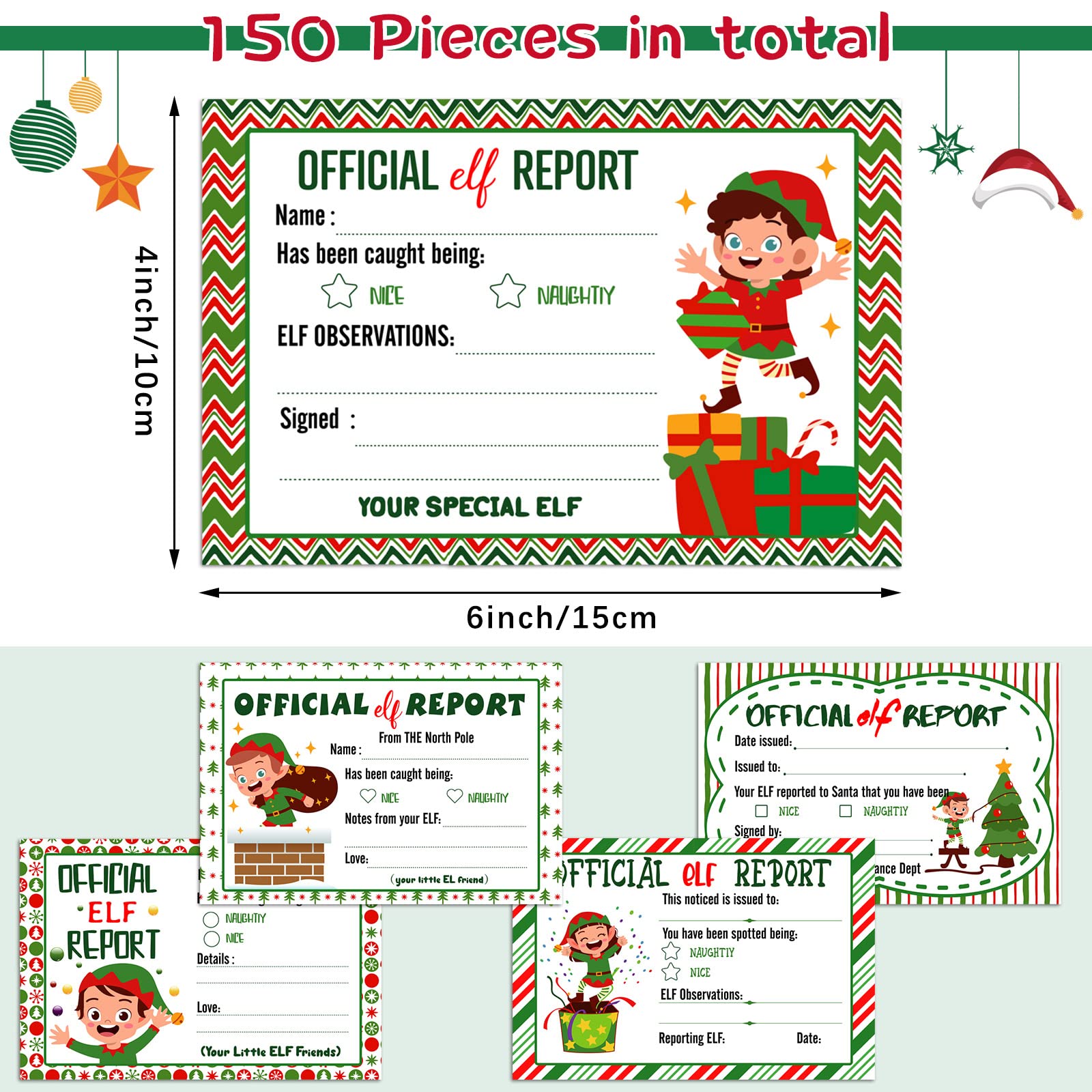 150 Pieces Christmas Official Elf Report Cards Naughty or Nice Behavior Elves Notice Postcards North Pole Santa Elf Xmas Note Cards for Home School Kindergarten Student Kid, 4 x 6 Inch 5 Styles