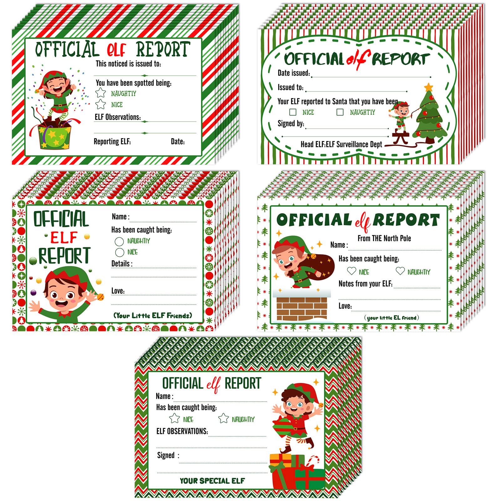 150 Pieces Christmas Official Elf Report Cards Naughty or Nice Behavior Elves Notice Postcards North Pole Santa Elf Xmas Note Cards for Home School Kindergarten Student Kid, 4 x 6 Inch 5 Styles