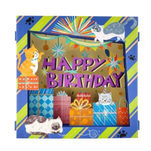 homanga happy birthday cat greeting card, 3d cat birthday card, cat box pop up bday card, displayable birthday gift for cat person, mom, daughter, sister, friend with blank note and envelope, 6" x 6"