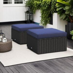 phi villa 2 pieces wide outdoor rattan sectional sofa with cushions - small patio wicker furniture set (2 - person seating group, navy blue)