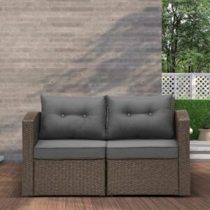 outdoor loveseat patio furniture corner sofa, all-weather brown wicker 2-piece rattan outdoor sectional couch sofa set with dark grey non-slip cushions,aluminum frame