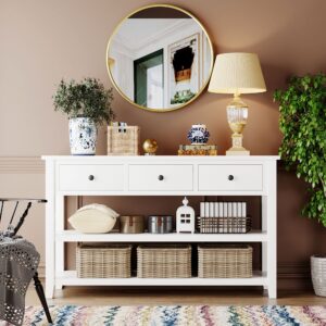 merax antique white farmhouse wood table for hallways entryway narrow foyer sideboard with drawers and bottom shelves easy assemble, type 11