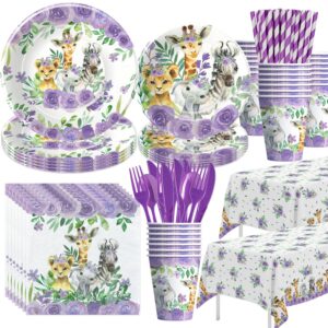 apowbls safari jungle theme party supplies girl - jungle safari birthday baby shower decorations tableware, plate, cup, napkin, tablecloth, cutlery, straw, animal safari party decorations | serve 24