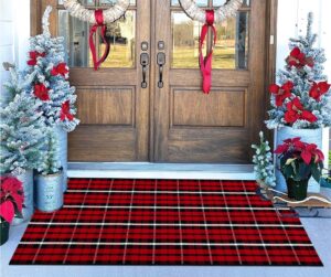 christmas outdoor rugs 24 x 51''black red buffalo plaid front porch rug hand-woven machine washable indoor/outdoor layered door mats for entryway/bedroom/outdoor