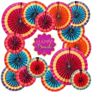 hanaive 17 pieces happy diwali hanging paper fan decorating deepavali themed round pattern paper garlands set indian diwali party decoration for indoor decorations hindu diwali greeting party supplies