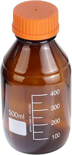 Basstein Lab Media Storage Amber Bottles Brown Graduated Glass Container GL45 Screw Cap Leakproof Multi-Purpose for Scientific | Pack of 8 (Orange,500ml)