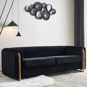 calabash velvet couches for living room,84 inch big comfy modern sofa couch upholstered sofa with gold metal legs 3-seater decor furniture for bedroom apartment(black)