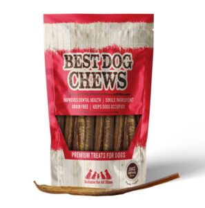 best dog chews thin bully sticks for dogs 100% natural delicious and protein rich keep your dog busy with chews & treats fully digestible-great for dental health-for all breed sizes-12 inch(12 count)