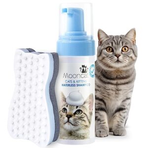 mooncat waterless cat shampoo+cat brush, licking safe dry shampoo for cats, no rinse foam cat bath, grooming for cat, kitten sensitive skin, dander reducing, paraben free, ph balanced (5 oz)